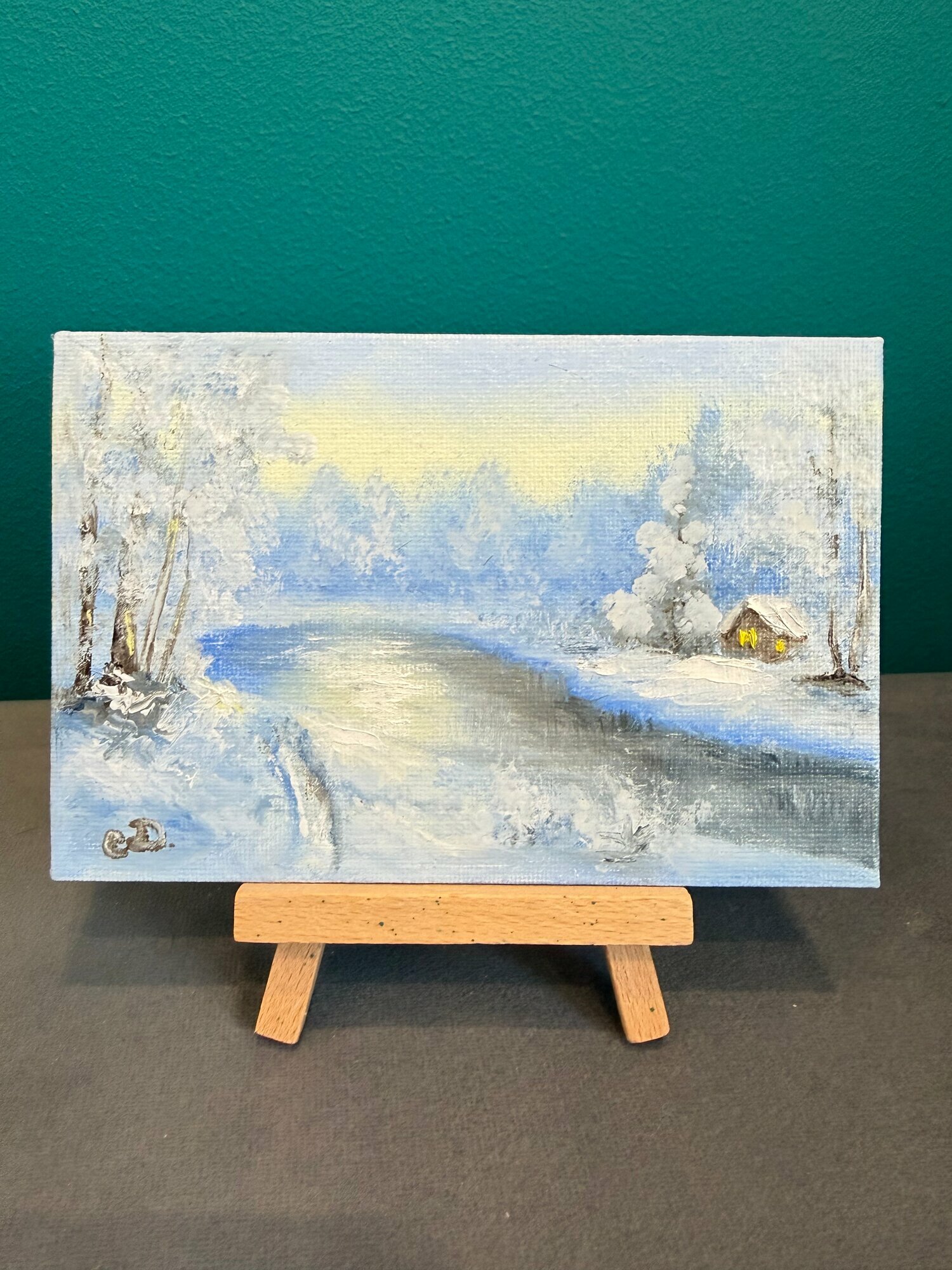 Картина маслом ручной работы: Зимний Пейзаж для интерьера дома на холсте на картоне, размер 10х15