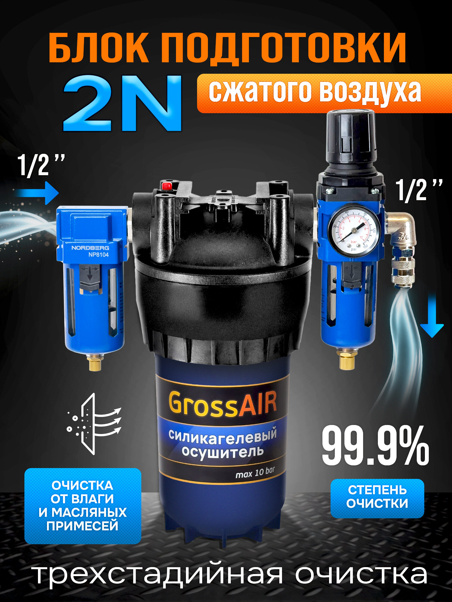Фильтр-группа осушитель GrossAIR 2N (вход 1/2", редуктор, БРС) блок подготовки сжатого воздуха