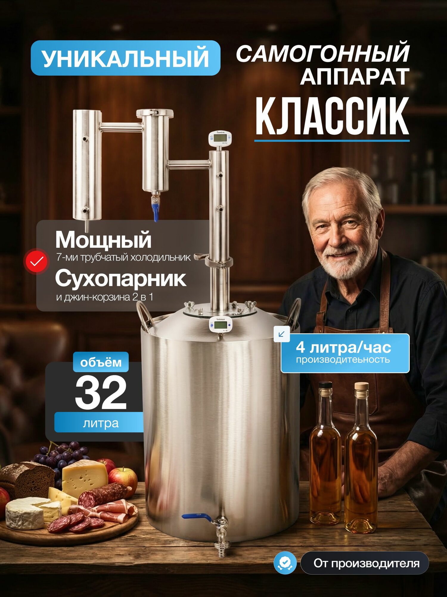 Самогонный аппарат Классик 32 литра, дистиллятор с сухопарником и мощным холодильником