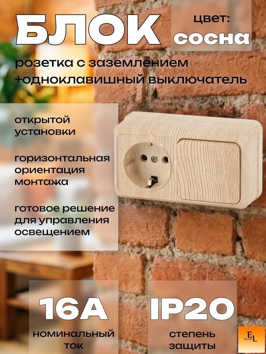 Блок комбинированный горизонтальный розетка с заземлением + выключатель одноклавишный горизонтальный 16А, IP20, открытой установки, сосна