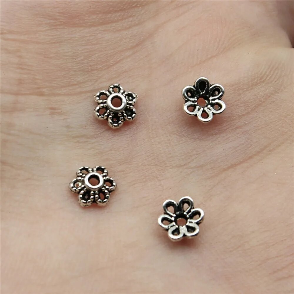 Бусины-цветочки металлические, 100 шт, серебряные, 5x5mm