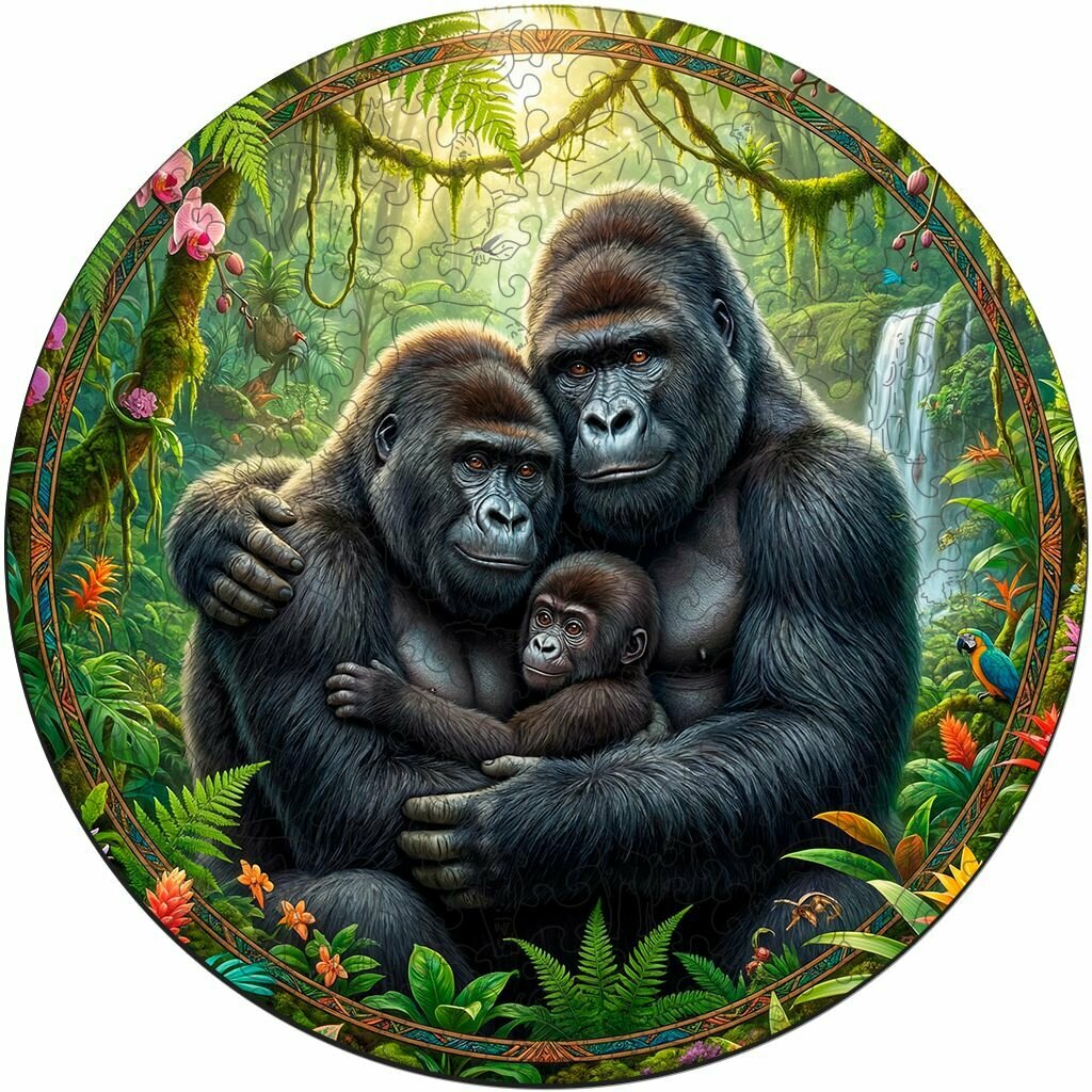 Деревянный пазл BoberBox "Семья горилл", 217 деталей, круглый 30 см