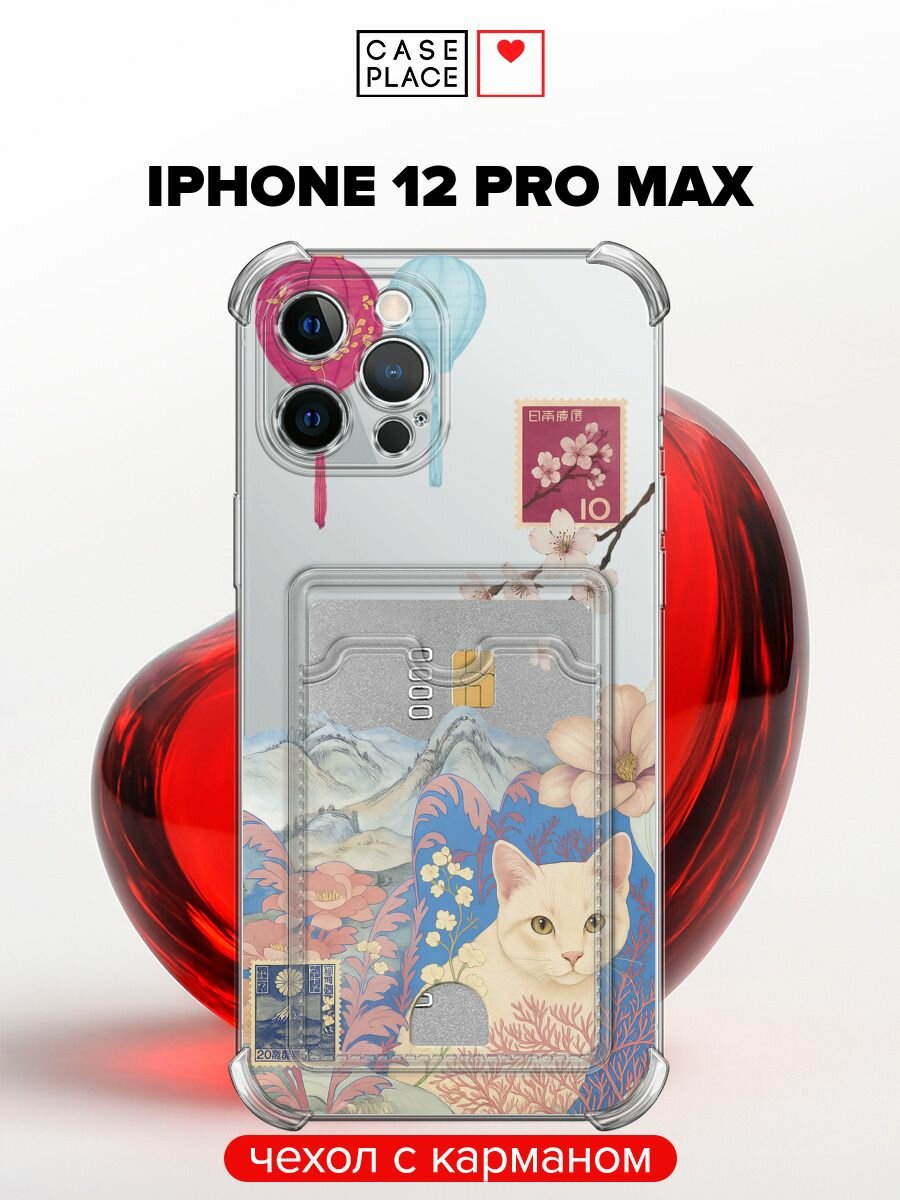 Чехол на Apple iPhone 12 Pro Max (Айфон 12 Про Макс) с картой и принтом Кот с японскими марками