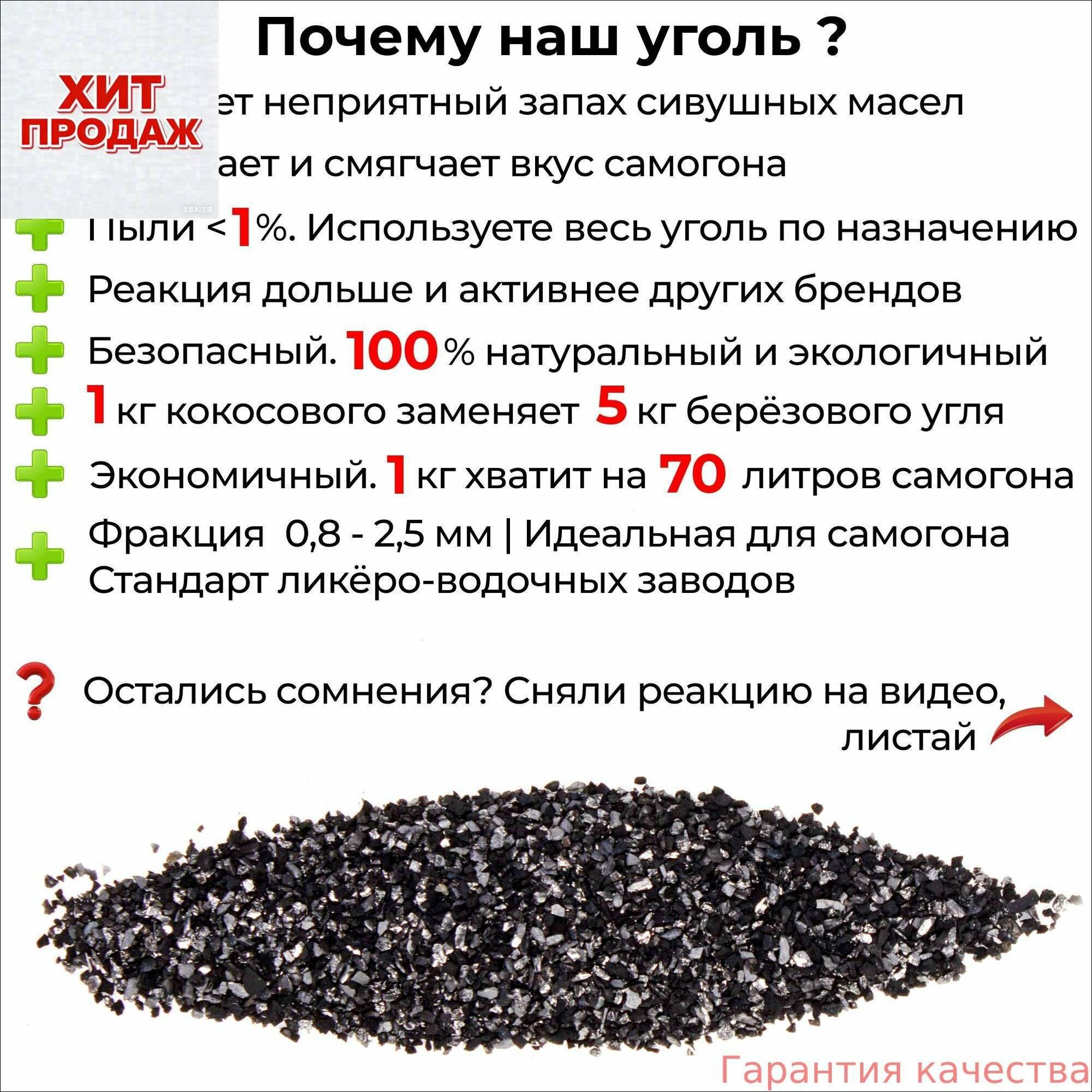 Уголь кокосовый 2 кг активированный для очистки самогона и воды / КАУ