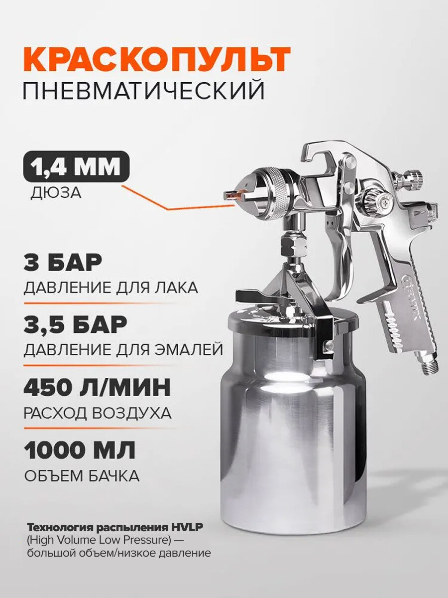 Краскопульт пневматический REMIX АВ-17S сопло 1.4 мм, 1000 мл для компрессора / окрасочный пистолет с нижним бачком