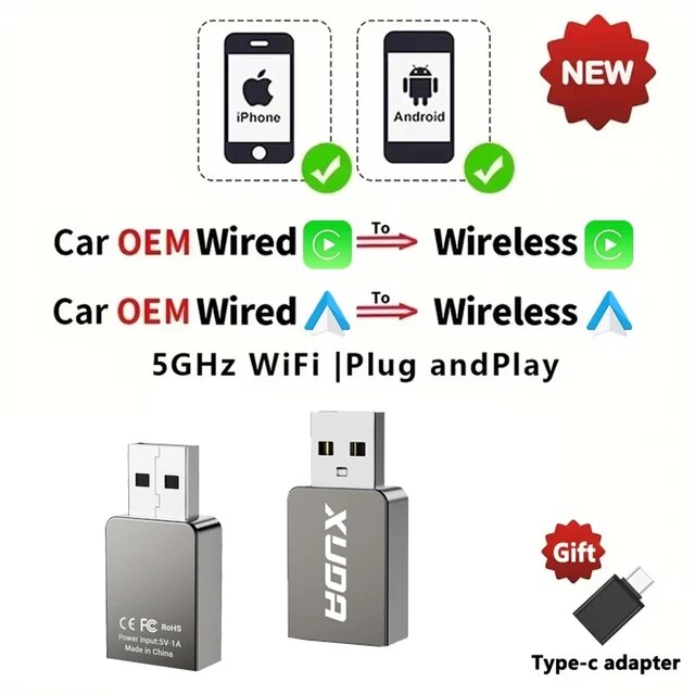 Беспроводной автомобильный адаптер XUDA 2025 CarPlay Android Smart Mini Box - Подключение по Wi-Fi, быстрое соединение, универсальный, подходит для автомобилей Nissan