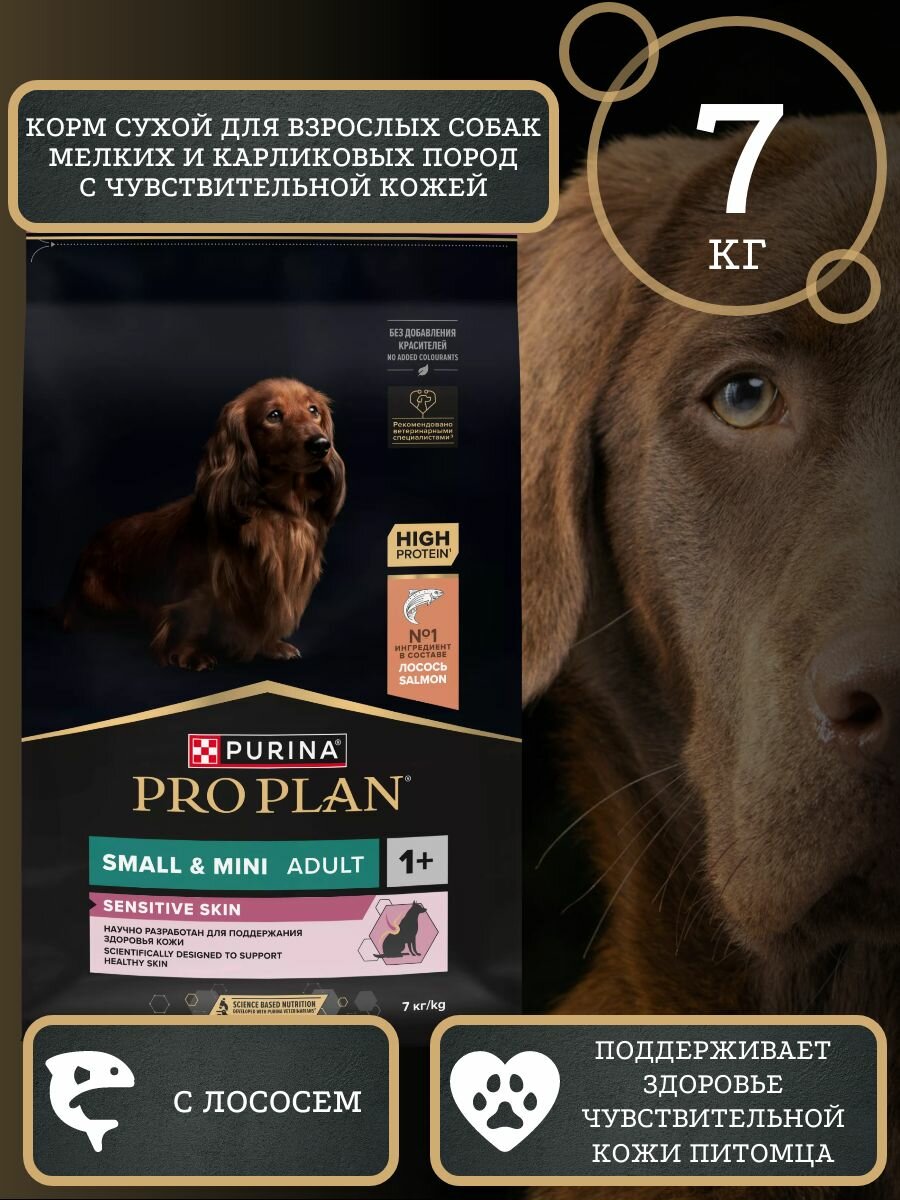 Сухой корм PRO PLAN SENSITIVE SKIN для взрослых собак мелких и карликовых пород с чувствительной кожей с лососем, 7 кг