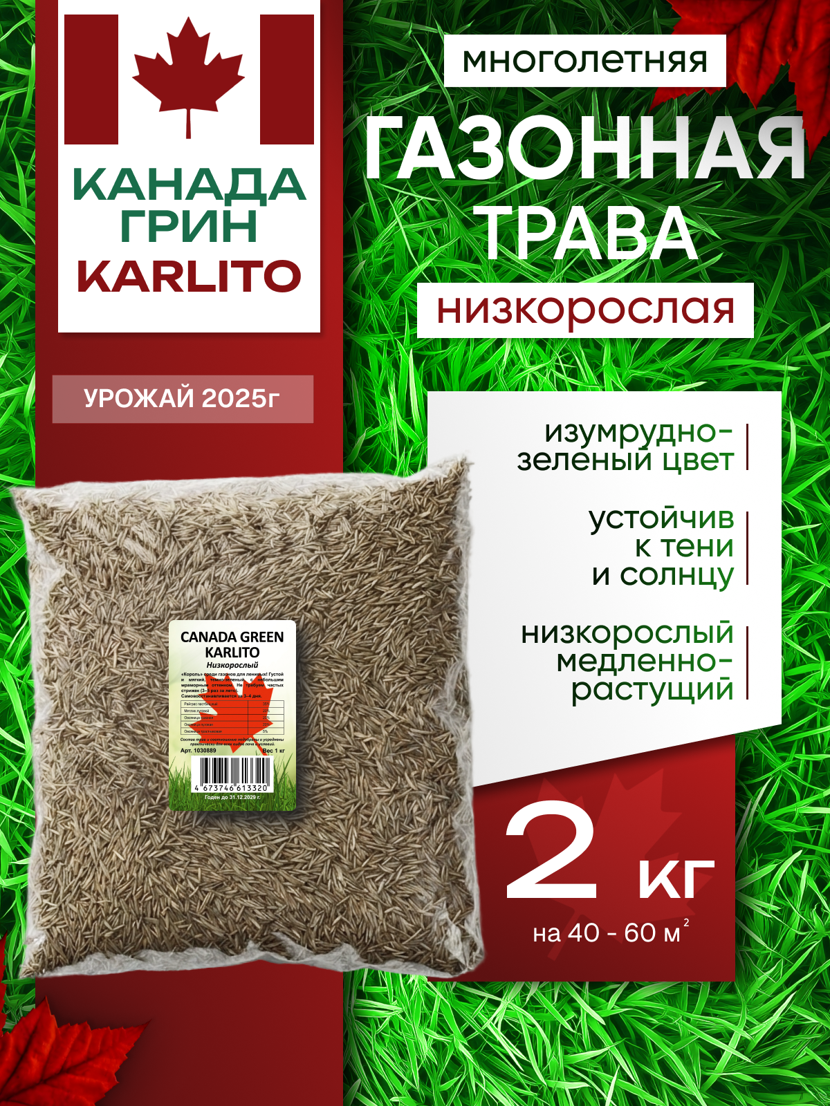 Газонная трава семена Канада Грин Низкорослая 2 кг / Canada Green Karlito 2 кг / мятлик, овсяница