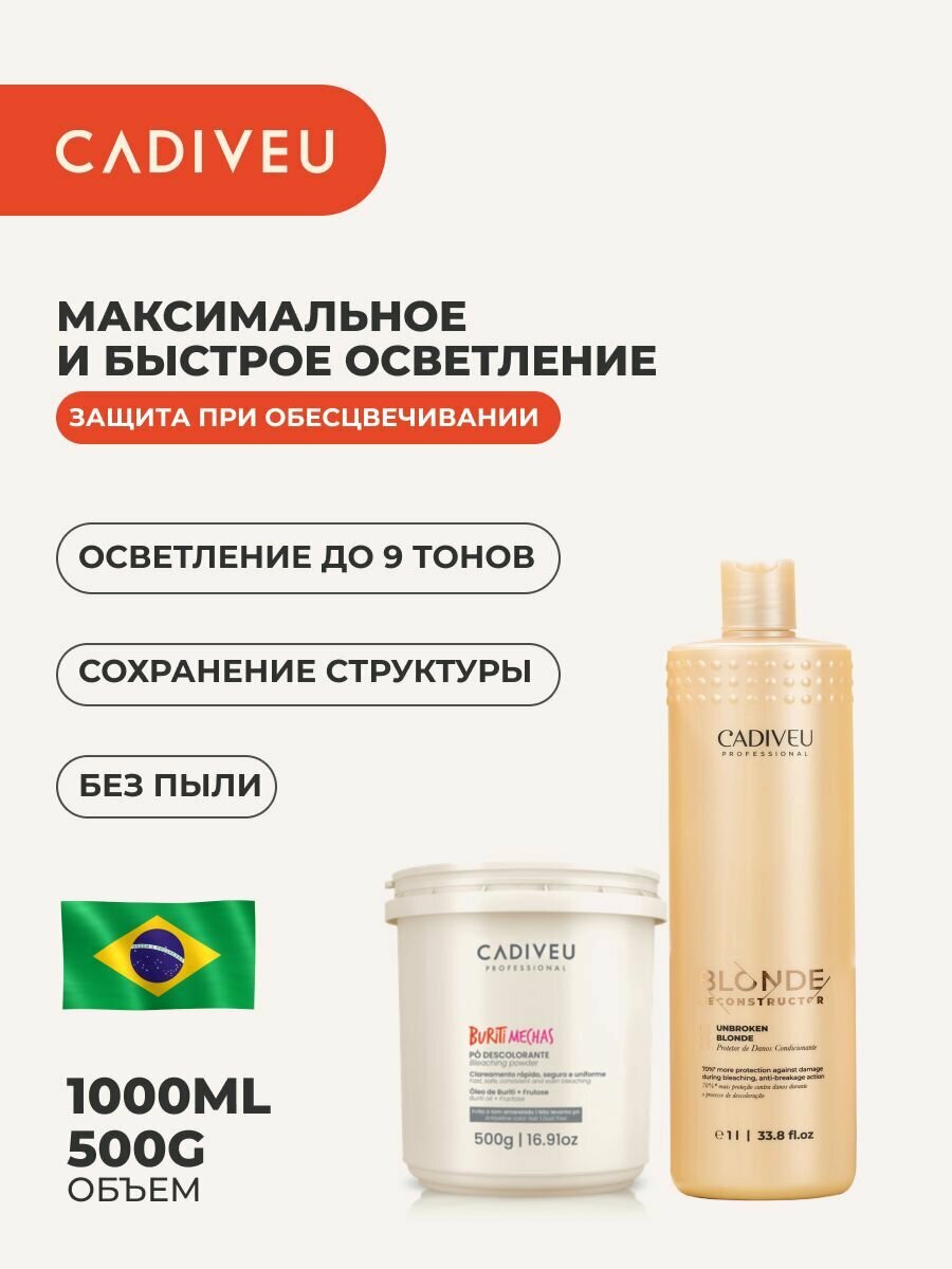 Cadiveu Набор для осветления: Buriti Mechas осветляющая пудра + Plex Blonde Reconstructor Unbroken Blonde 1000 мл
