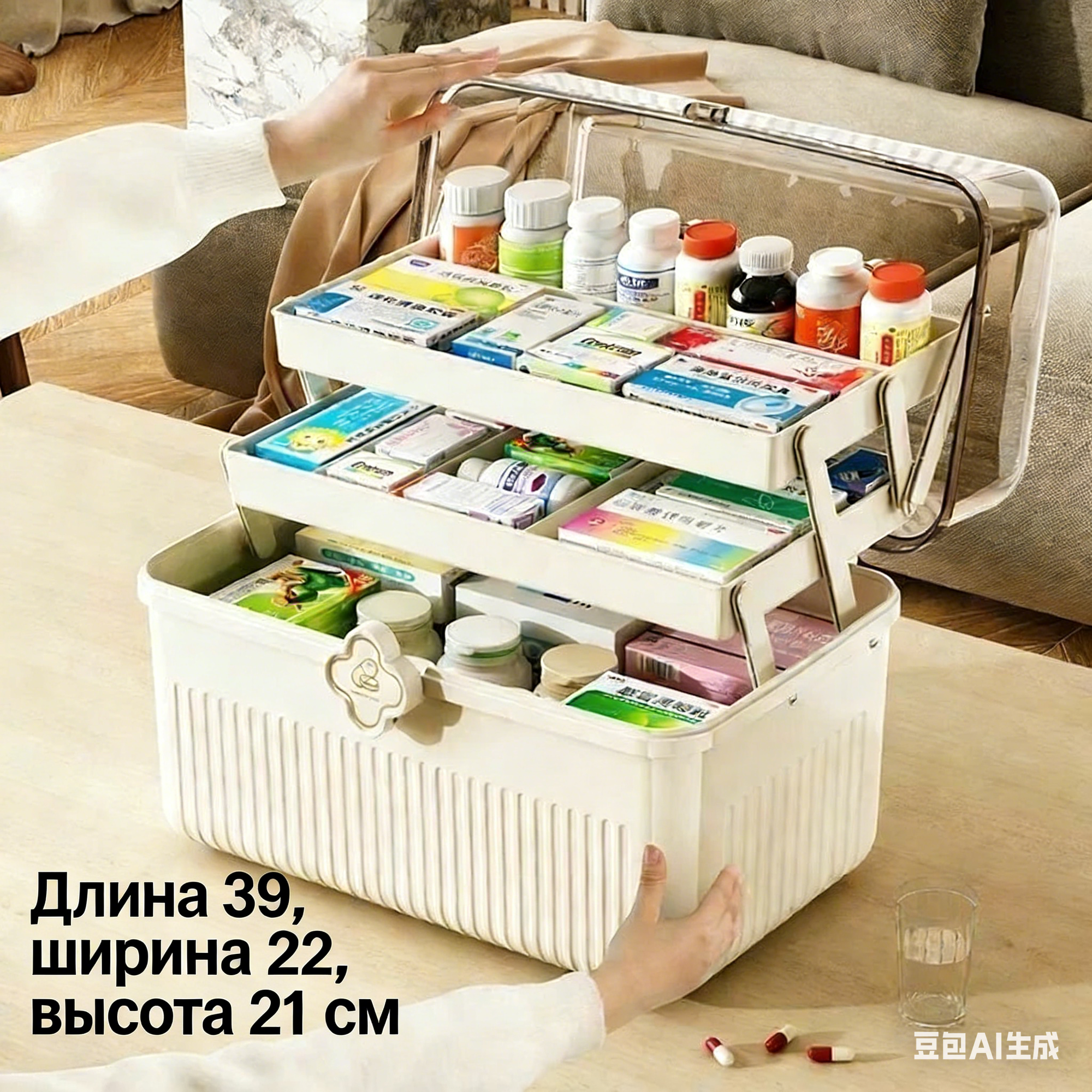 Аптечка домашняя большая контейнер органайзер для хранения лекарств и медикаментов дома пластиковый с крышкой,