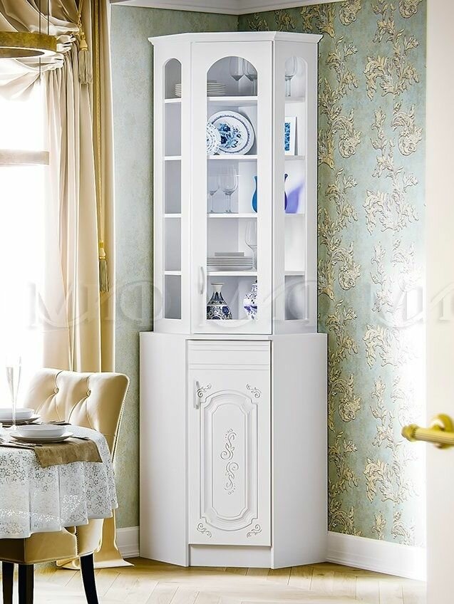 Буфет для кухни Лиза 2, угловой кухонный шкаф витрина для посуды напольный с фасадами МДФ, 58х58х225 см, Белый глянец/Белый