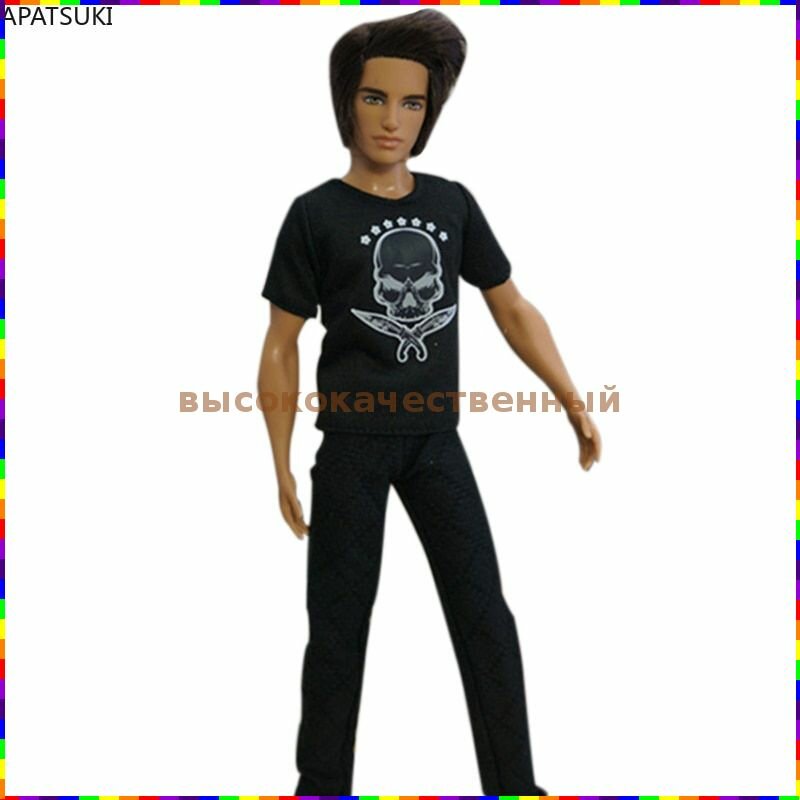 Черная футболка с принтом черепа и длинные брюки для куклы Кена