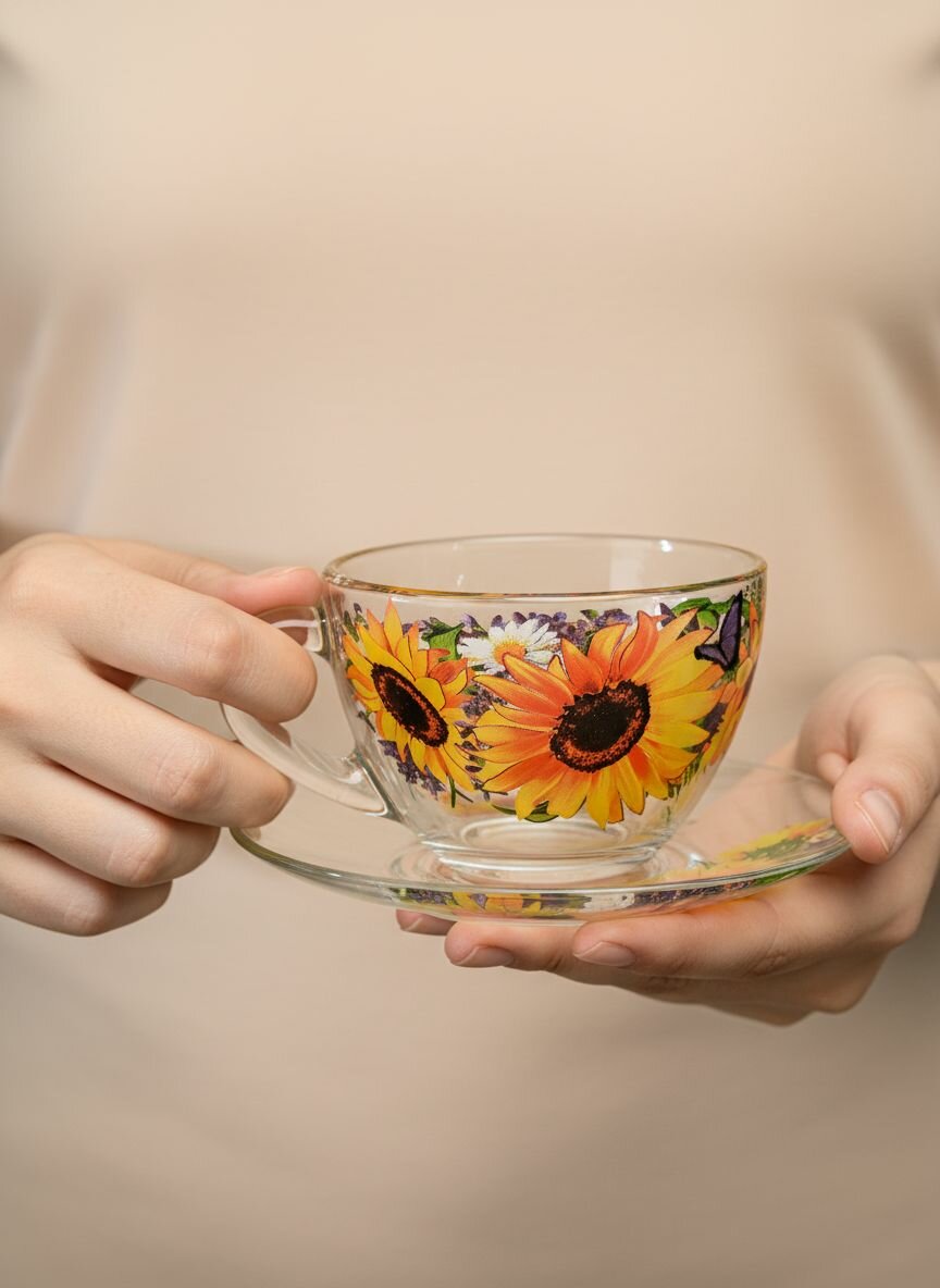 Чайная пара 200 мл Подсолнухи чашка с блюдцем в подарочной упаковке