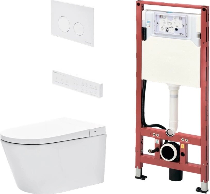 Комплект инсталляция с унитазом Tece TECEspring loop S955797 с кнопкой смыва, белый матовый + электронный унитаз-биде подвесной Tece TECEspring Smart L безободковый, торнадо, с сиденьем микролифт, белый