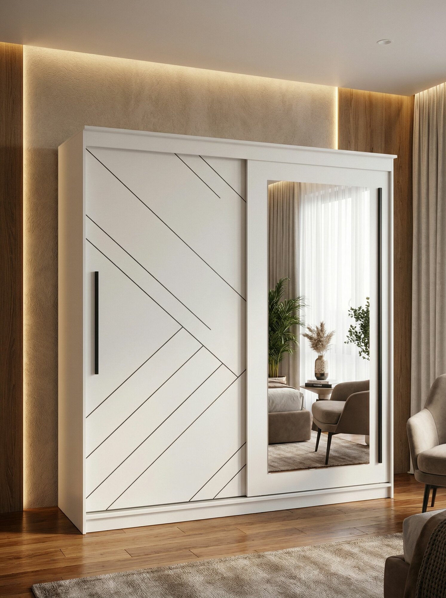 Шкаф-купе с зеркалом двухдверный для одежды, с ящиками и штангой, Марко, 2002х652х2205