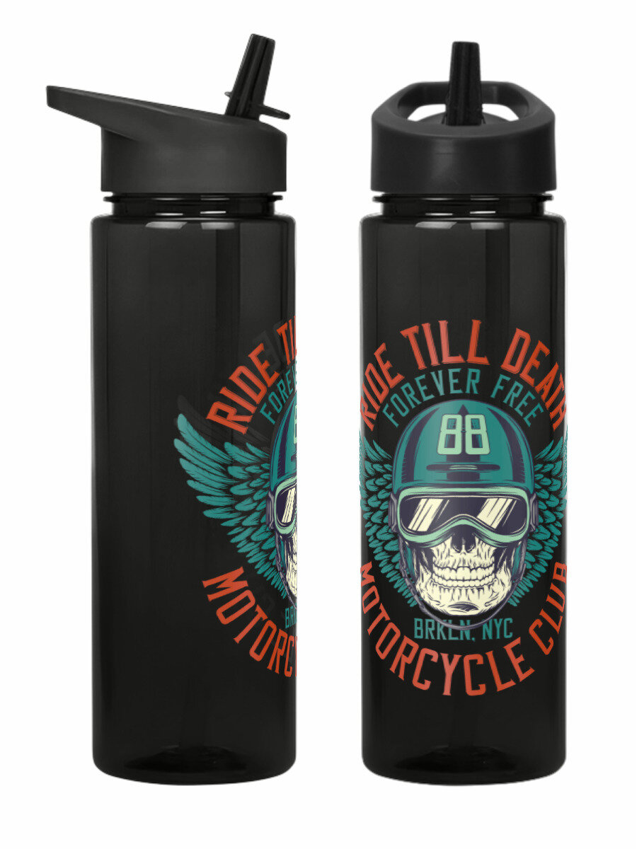 Бутылка черная для воды с принтом Череп байкер. Скелет, мотоцикл, гонщик