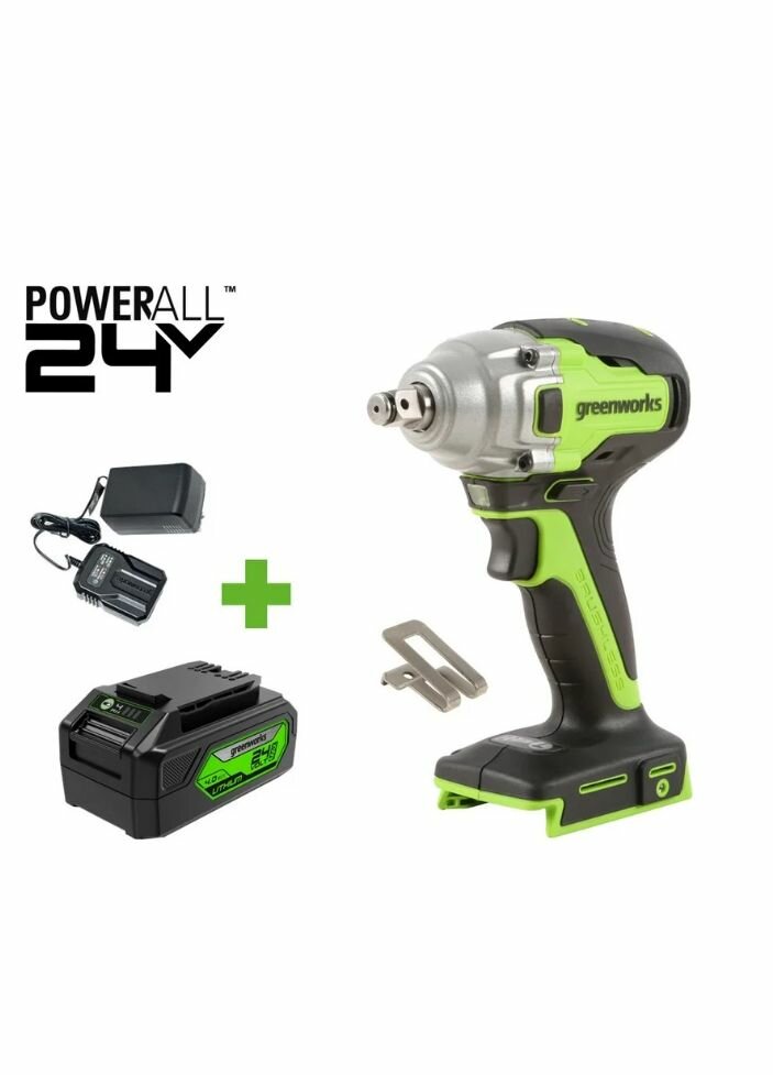 Гайковерт аккумуляторный GREENWORKS GD24IW400 3802907CUB 24V, бесщеточный, 1/2', 400Нм, 1х АКБ 4Ач, ЗУ GR