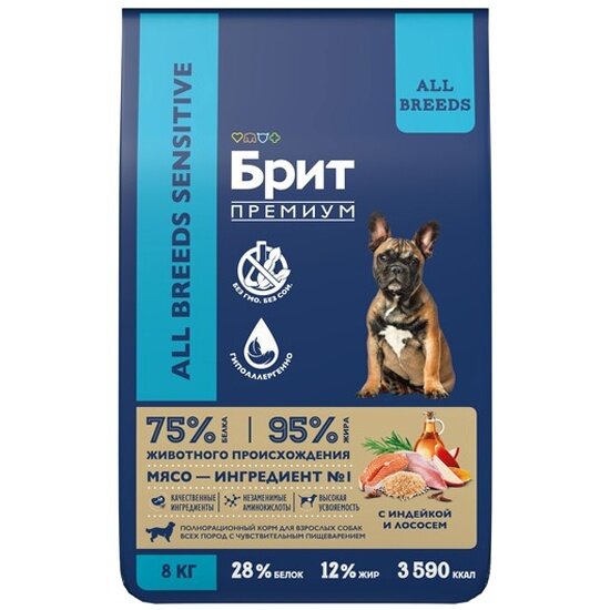 Корм сухой Brit Premium Dog Sensitive для взрослых собак всех пород с чувствительным пищеварением, с лососем и индейкой 8 кг