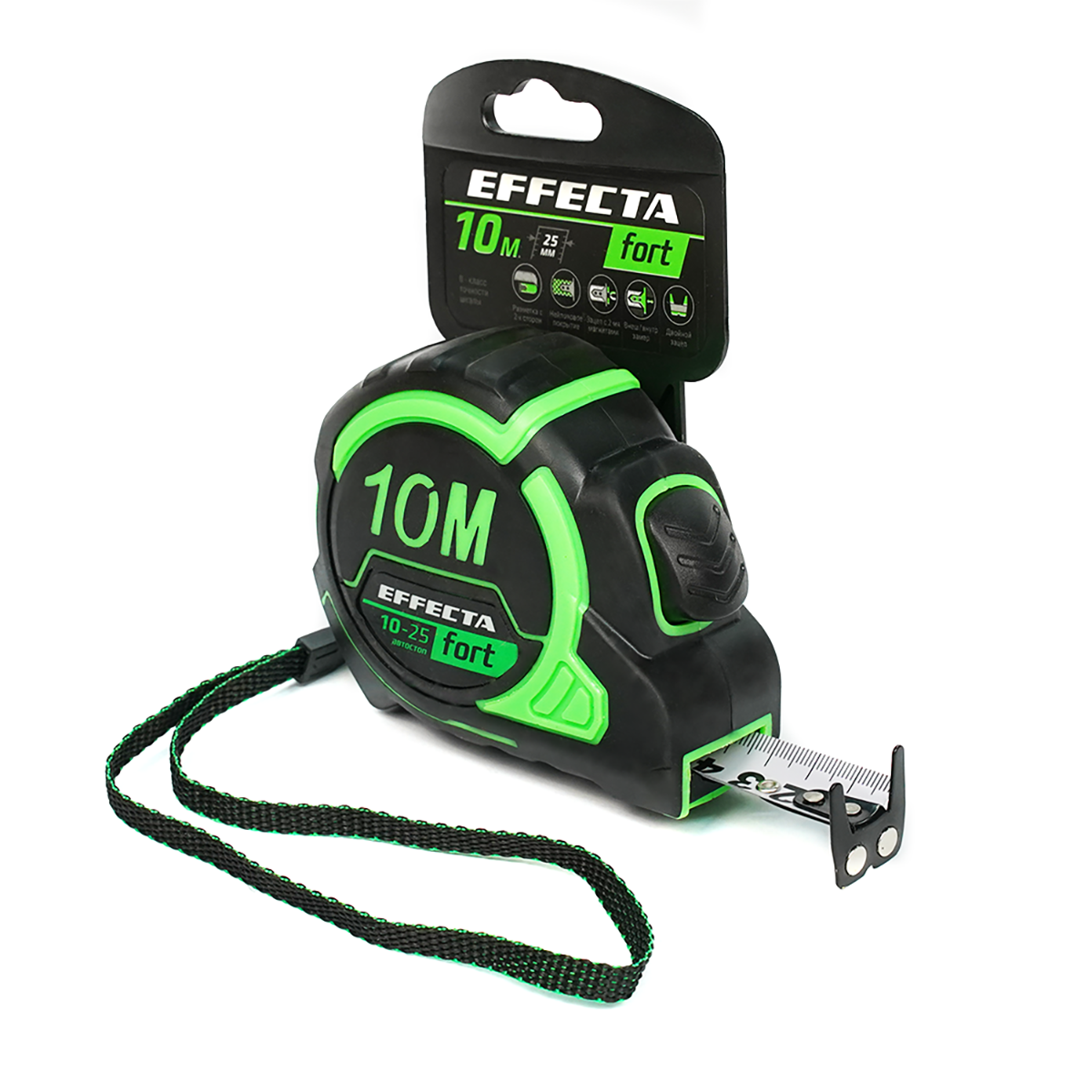 Рулетка "Effecta" Fort, с автостопом, магнитный зацеп, 10 м x 25 мм