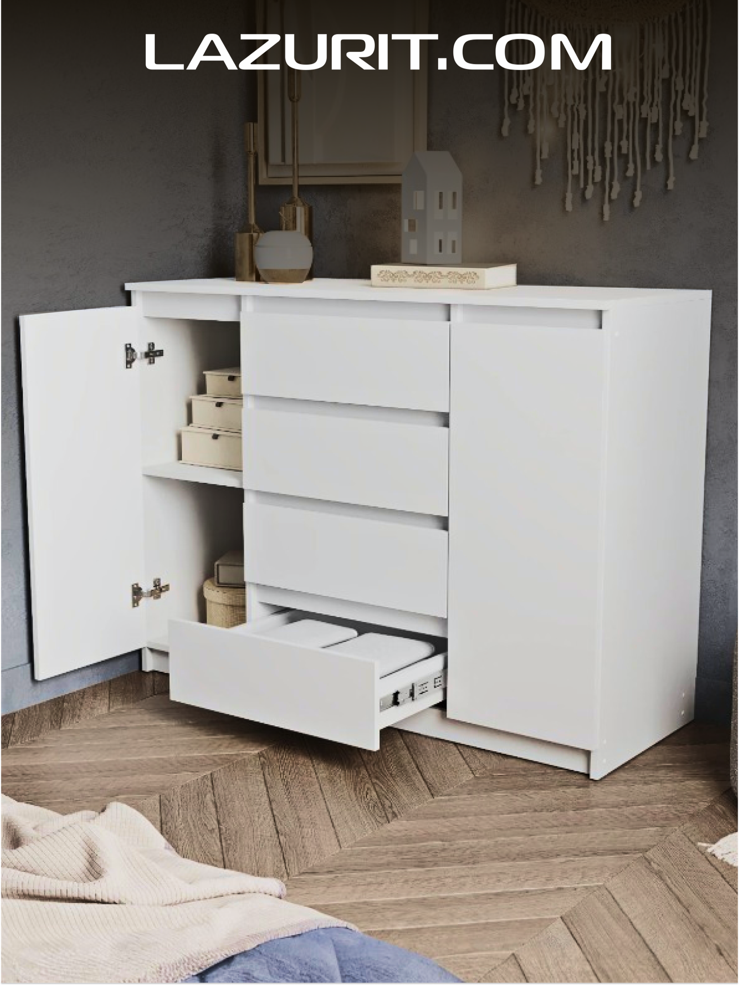 Комод для одежды большой белый Lazurit Эльбрус комод под телевизор высокий с ящиками дверцами в прихожую спальню 120х91