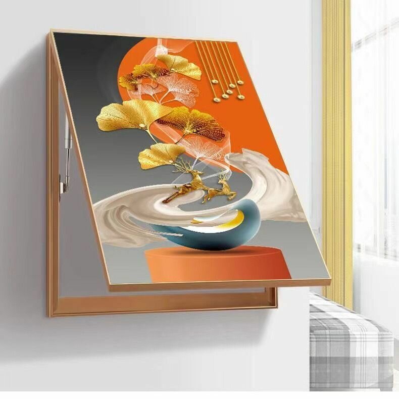 Декоративная картина для электрощита 30x40 см с гидравлической петлей и алюминиевой рамой (Золото/Черный) - Скрывает электрощит 20x30 см, без сверления, водонепроницаемая, для гостиной