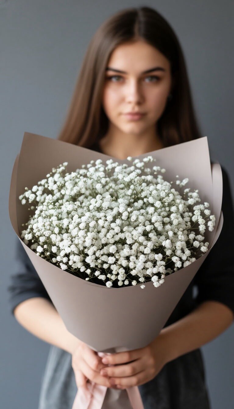 Воздушный букет из белой гипсофилы в матовой серой упаковке / S