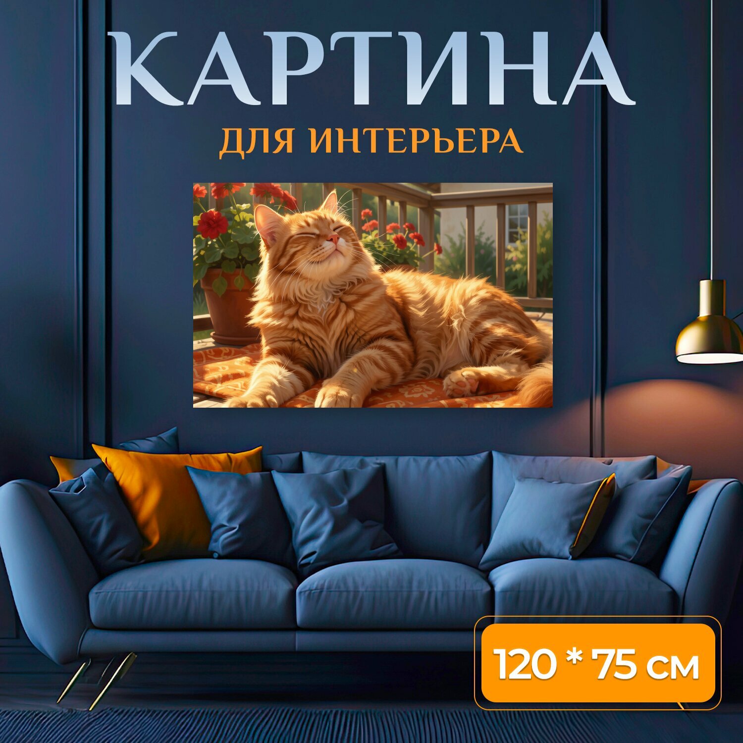 Картина на холсте "Рыжий кот на солнечной террасе. Пушистый полосатый питомец отдыхает на деревянном настиле среди горшков с яркими красными." на подрамнике 120х75 см. для интерьера
