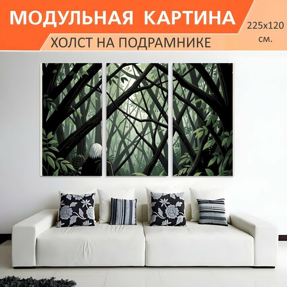 Модульная картина на холсте "Таинственный лес и путник. Аниме-иллюстрация с густыми тропическими зарослями, переплетёнными тёмными." триптих на подрамнике 225х120 см. для интерьера