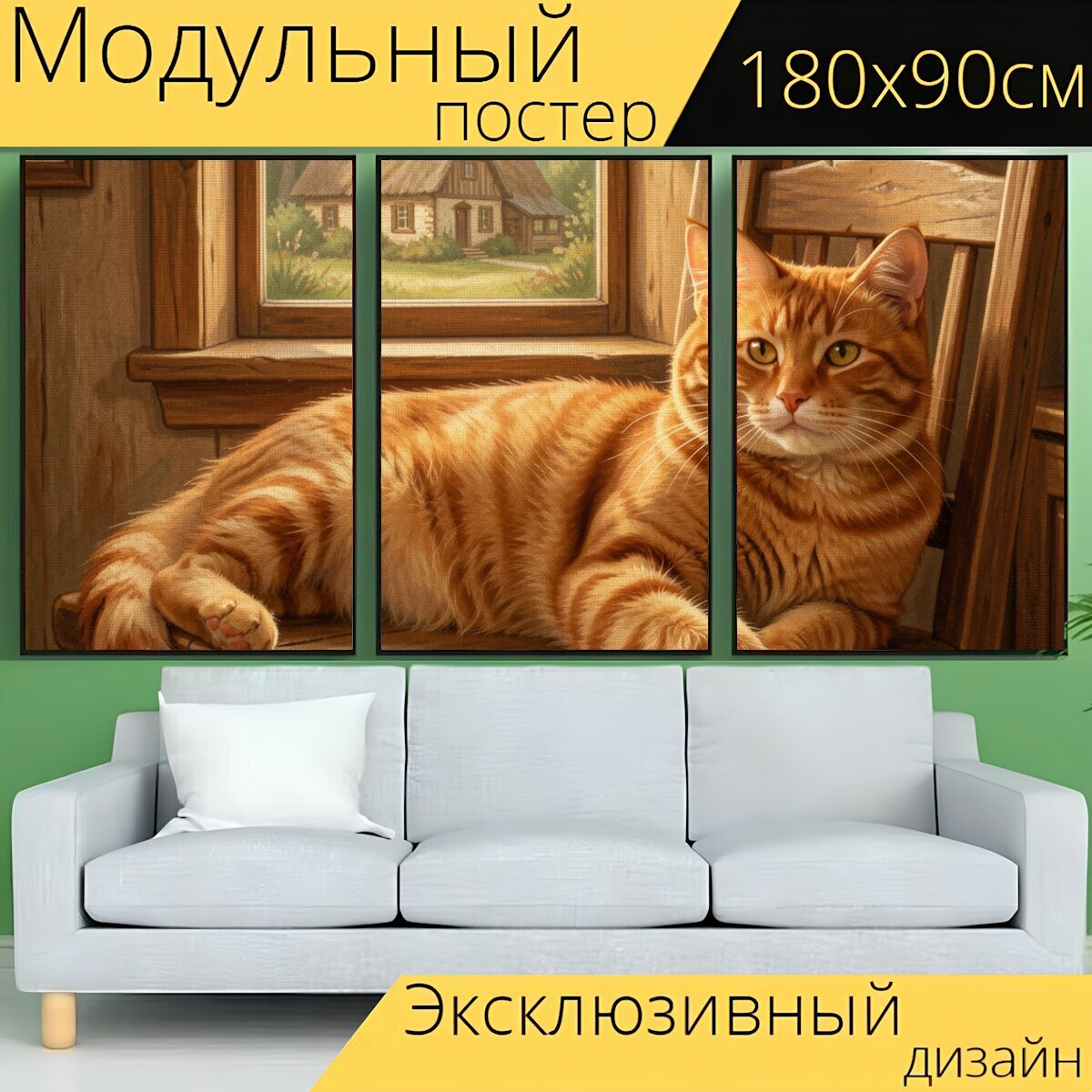 Модульный постер "Рыжий кот в деревенском интерьере. Уютная сцена с полосатым питомцем, отдыхающим на деревянном стуле у окна. Тёплые." 180 x 90 см. для интерьера на стену в тубусе