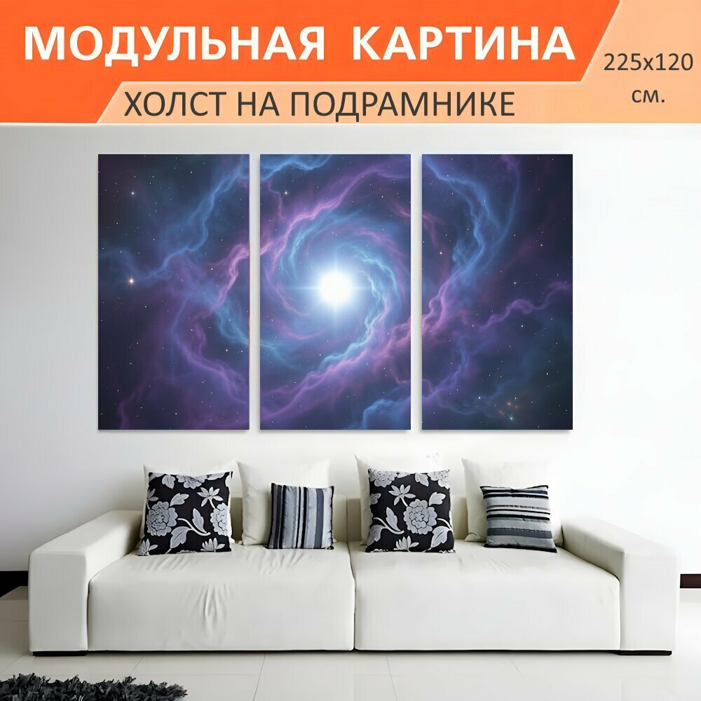 Модульная картина на холсте "Космическая спиральная туманность. Светящееся вихревое пространство с ярким центром, плавными переливами." триптих на подрамнике 225х120 см. для интерьера