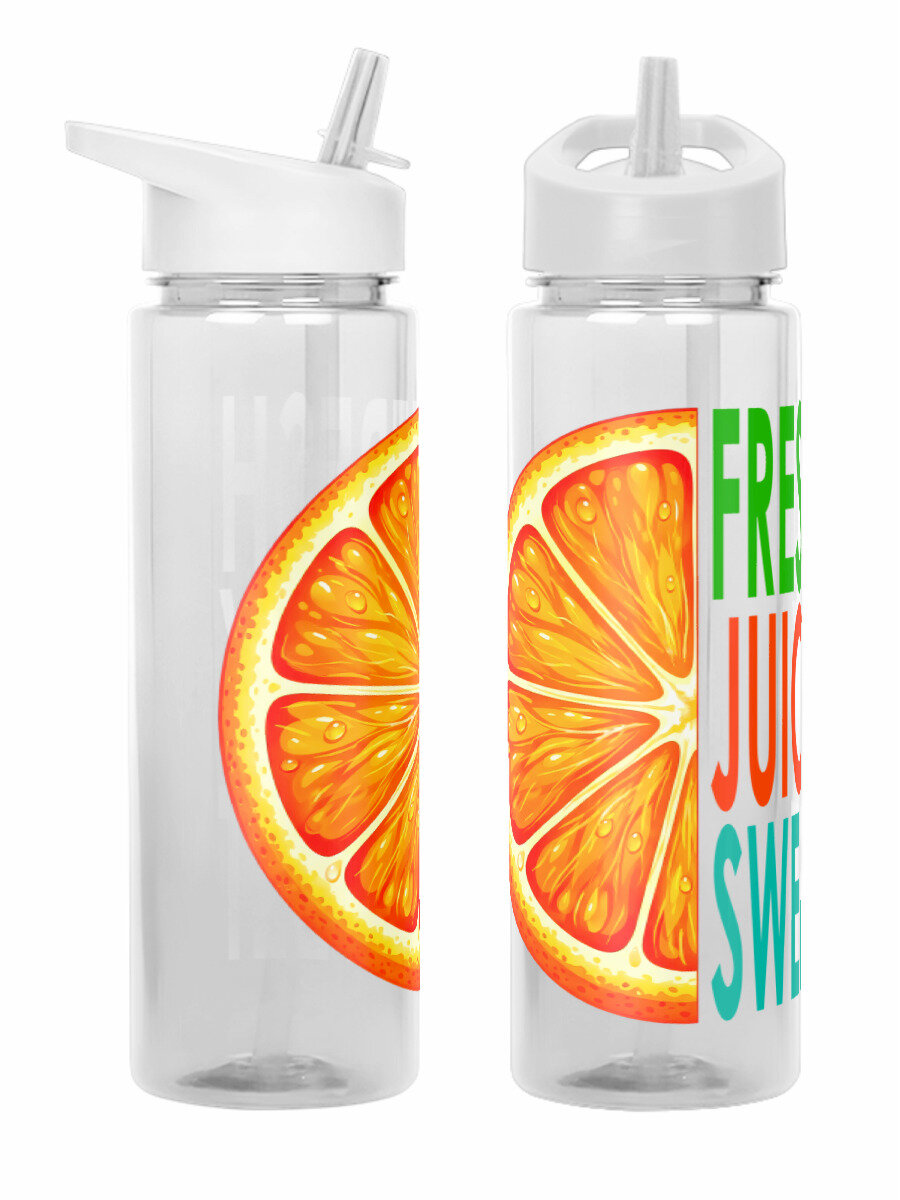 Бутылка белая для воды с принтом Апельсин с надписью fresh, juicy, sweet