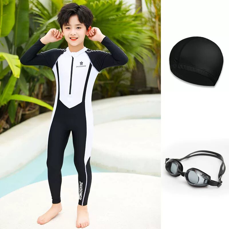 Детский купальник для мальчиков с защитой от солнца, цельный купальник с длинными рукавами и штанами, в комплекте