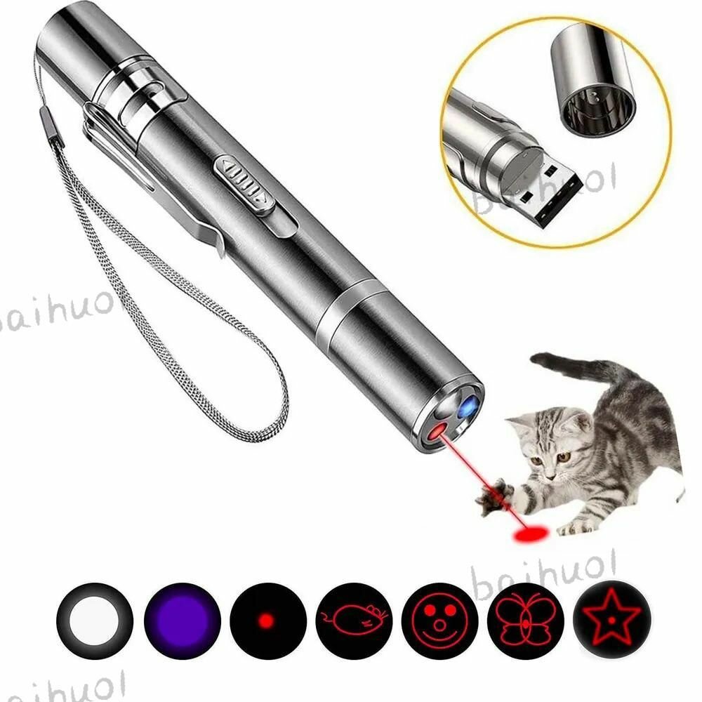 7 в 1 USB Ручной Перезаряжаемый LED светодиодный фонарик, лазерная указка с УФ детектором USB Зарядка, дразнилка для кошек. Ультрафиолетовый фонарь
