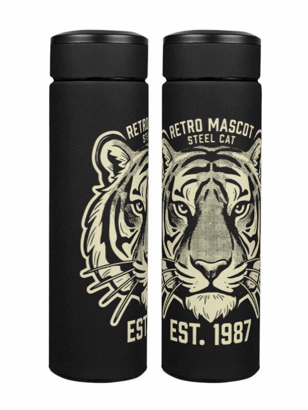 Термос «Тигр ретро маскот EST 1987 современный» (черный)