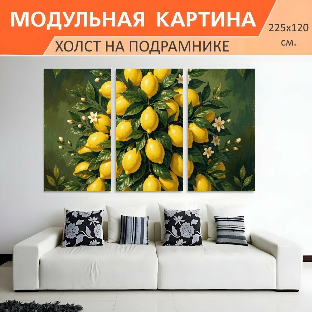 Модульная картина на холсте "Лимонное дерево с цветами. Яркая ботаническая композиция с сочными жёлтыми цитрусами, густой зелёной." триптих на подрамнике 225х120 см. для интерьера