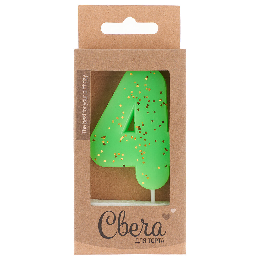 Свеча Цифра, 4 ЭКО, Неон, Зеленый, с блестками, 4*6 + 3 см,