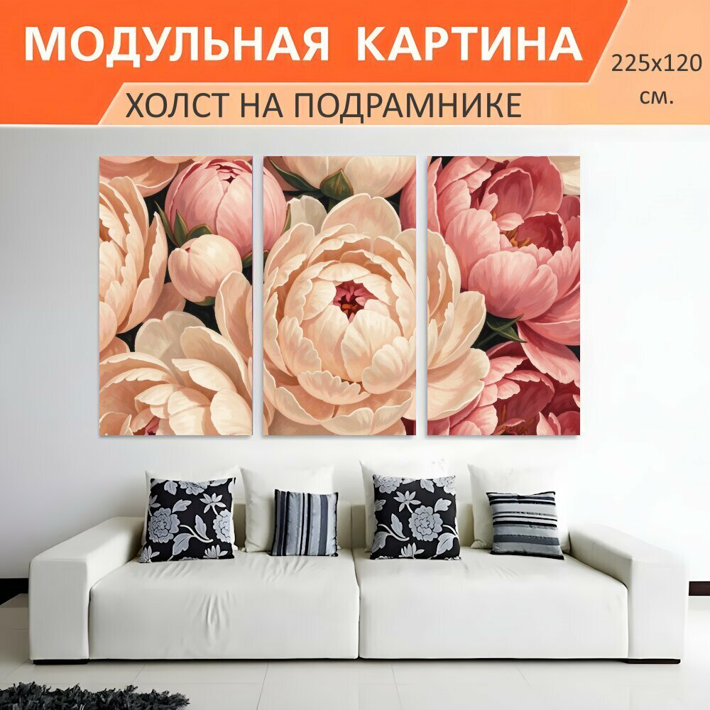 Модульная картина на холсте "Нежные пионы в пастельных тонах. Пышные цветы с крупными лепестками в романтичной палитре кремового." триптих на подрамнике 225х120 см. для интерьера