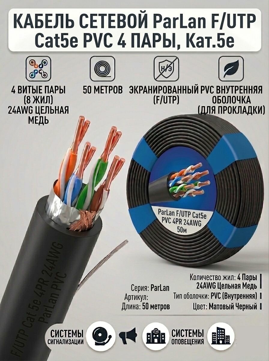 Кабель ParLan F/UTP Cat5e PVC 420,52 мм экранированная витая пара для внутренней прокладки (50 м)