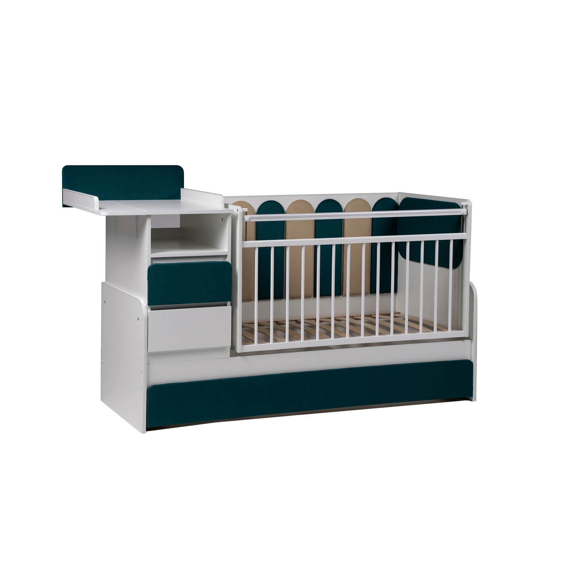 Кровать-трансформер "Дивания", корпус белый, велюр изумруд, песок