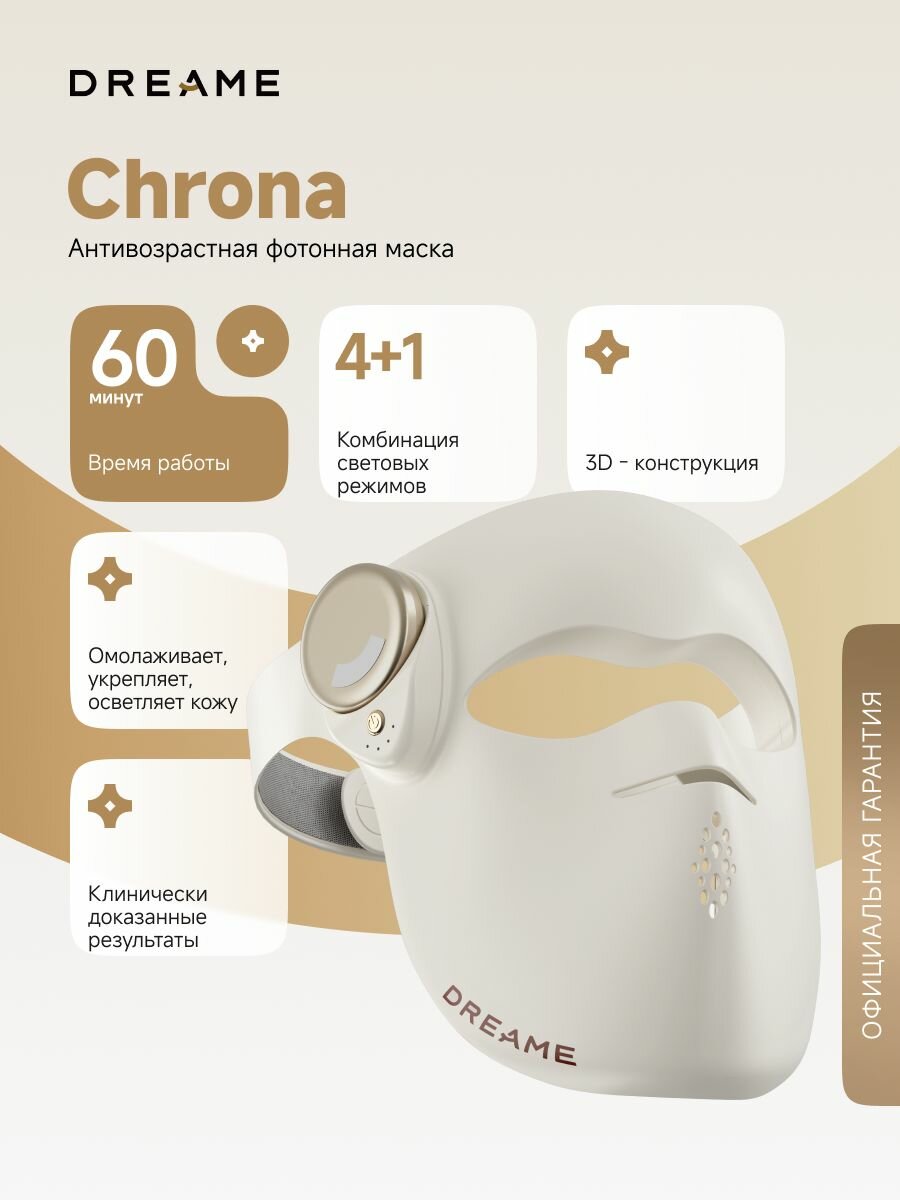 Антивозрастная LED маска Dreame Chrona, 4+1 режима, 338 г, 60 минут работы, сеанс 10 минут, 3D-конструкция, беспроводная