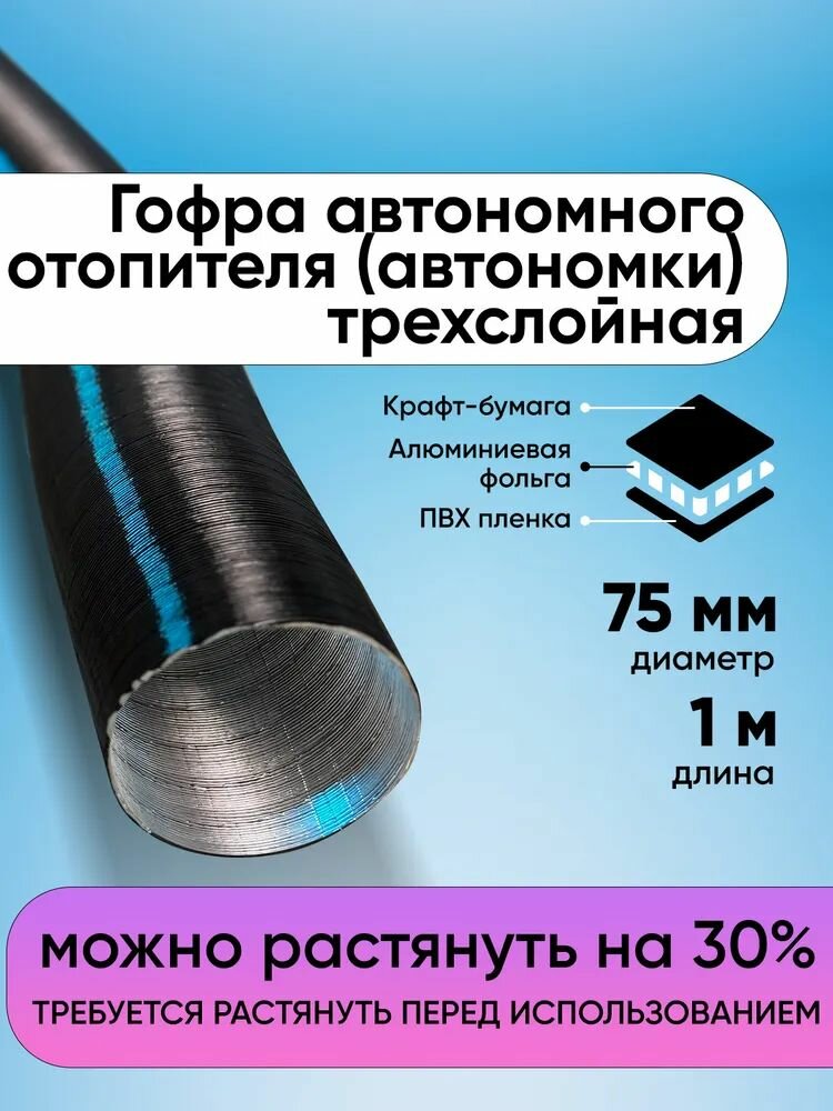 Гофрированный воздуховод 75 мм, 1 м для автономного отопителя — трёхслойная гофра (арт. 0159SG)