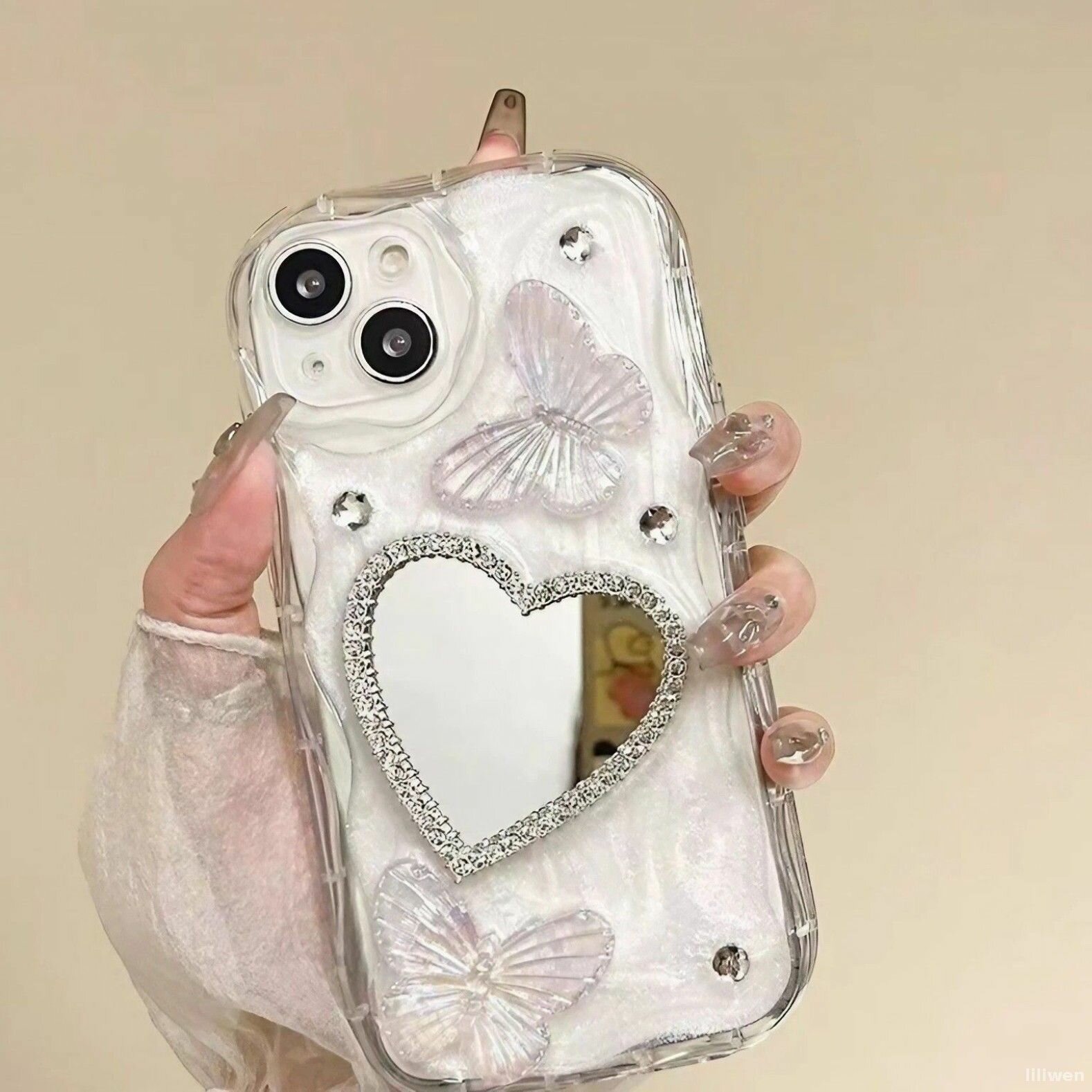 Стильный чехол для iPhone 13 с эксклюзивным зеркалом, объемными бабочками и подарком в виде подвески