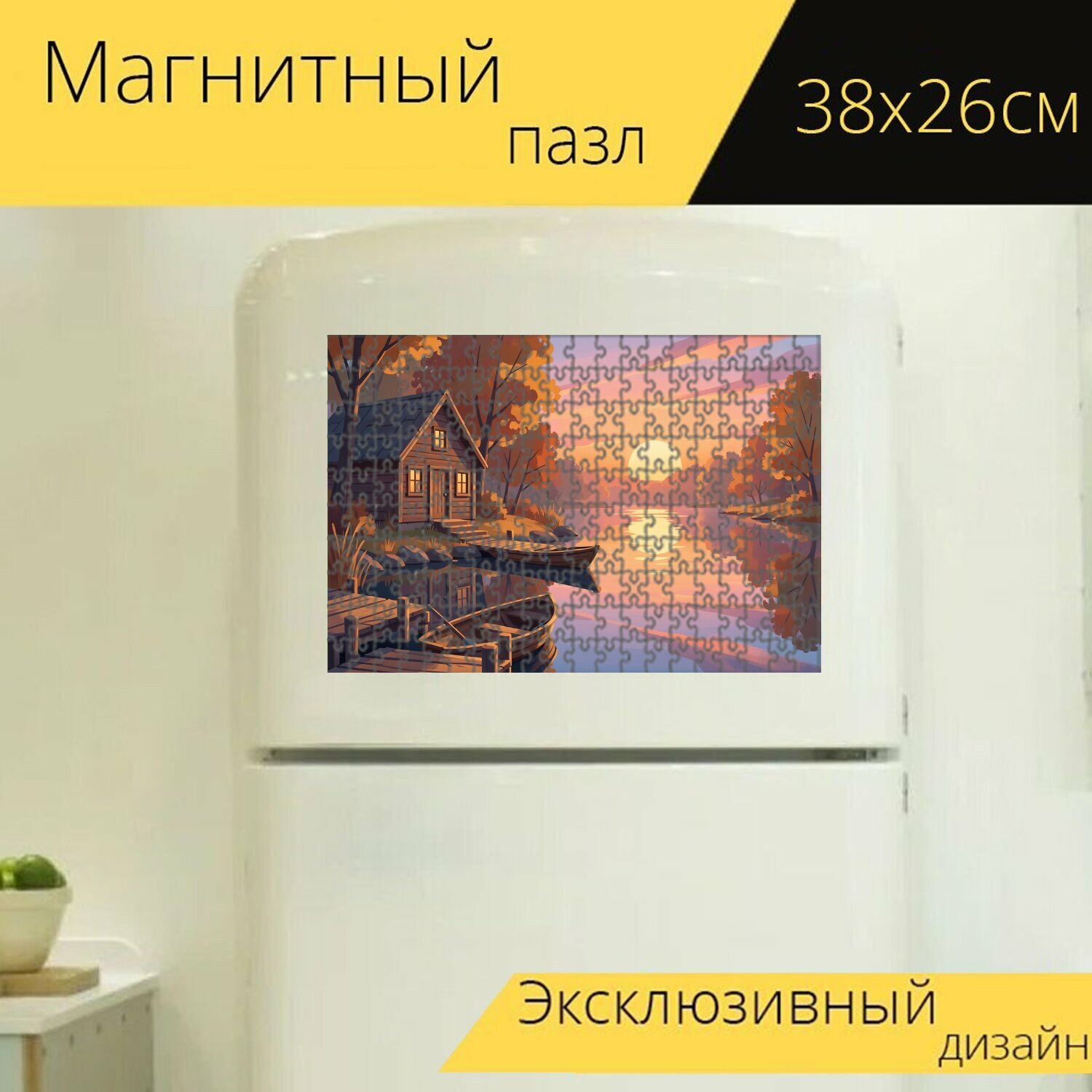 Магнитный пазл "Дом у реки на закате. Уютный деревенский пейзаж с деревянной избой, причалом и лодками у тихой воды. Тёплые оранжевые и розовые оттенки." для интерьера, 38х26 см.