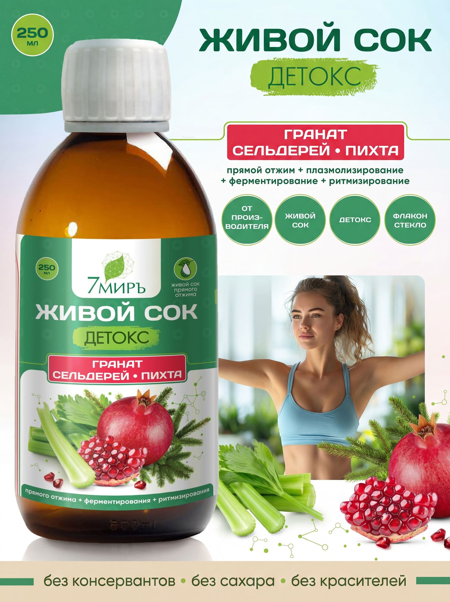 Детокс! Живой Фито сок детокс Гранат, Сельдерей, Пихта / прямой отжим + ферментирование + ритмизирование, 250 мл 7МИРЪ / органикмиръ