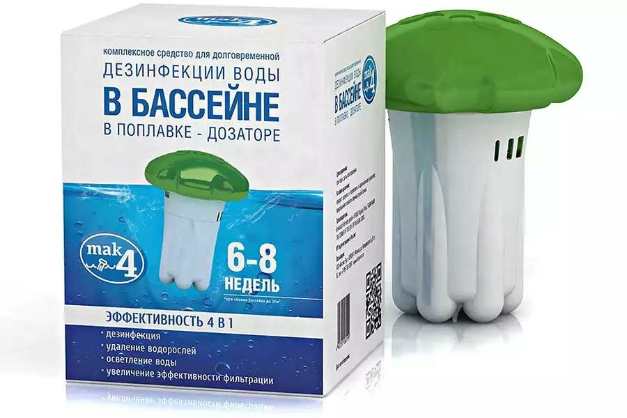 Очиститель для бассейна МАК оптима 4 в одном: дезинфекция + от водорослей, в плавающем поплавке, 2 таблетки в упаковке