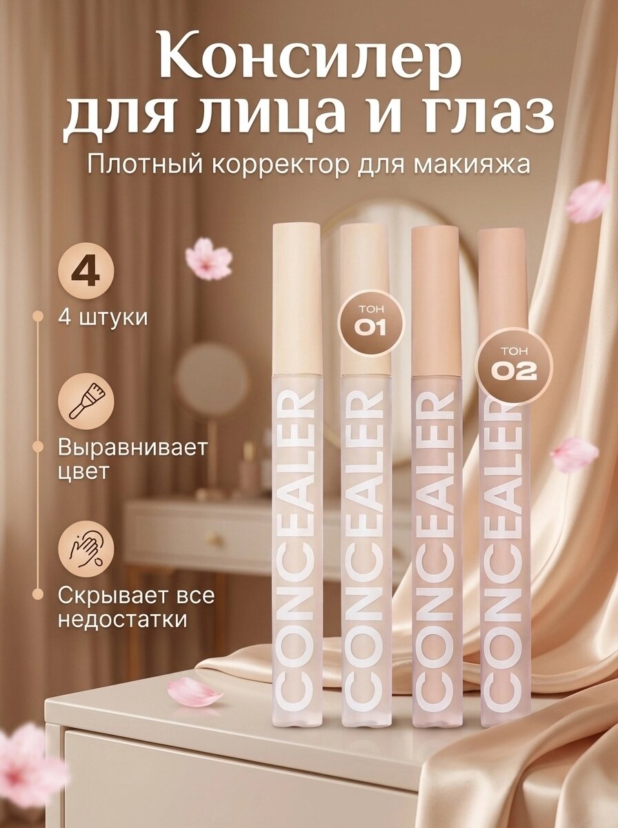 Консилер для лица и глаз плотный корректор для макияжа 4в1 скрывает недостатки