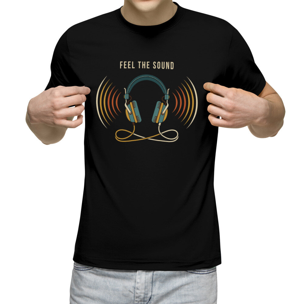 Мужская футболка «Feel the sound наушники музыка ретро стиль» (черный, 3XL)