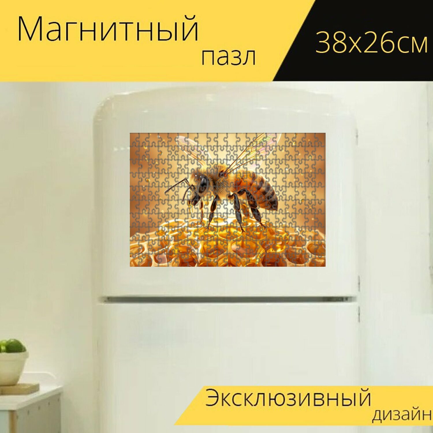 Магнитный пазл "Пчела на сотах с мёдом. Фотореалистичная золотистая композиция с крупной полосатой пчелой, медовыми сотами и каплями янтарного мёда. Тёплое." для интерьера, 38х26 см.