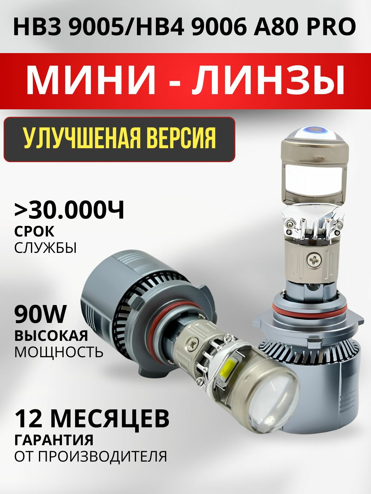 Самые яркие линзованные led лампы HB4/HB3 A80 PRO SERIES; Мини линзы 9006/9005 premium