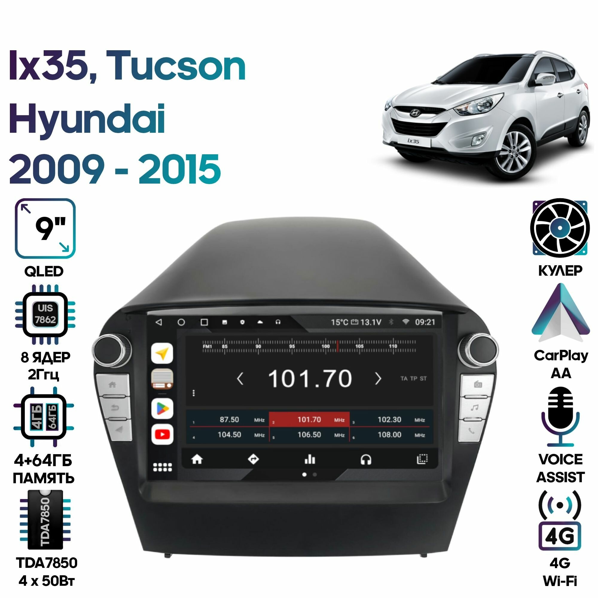 Магнитола Hyundai ix35, Tucson 2009 - 2015 для авто без камеры / 9 дюймов, 4/64GB, 8 ядер, DSP, 4G, Android 10 / Wide Media